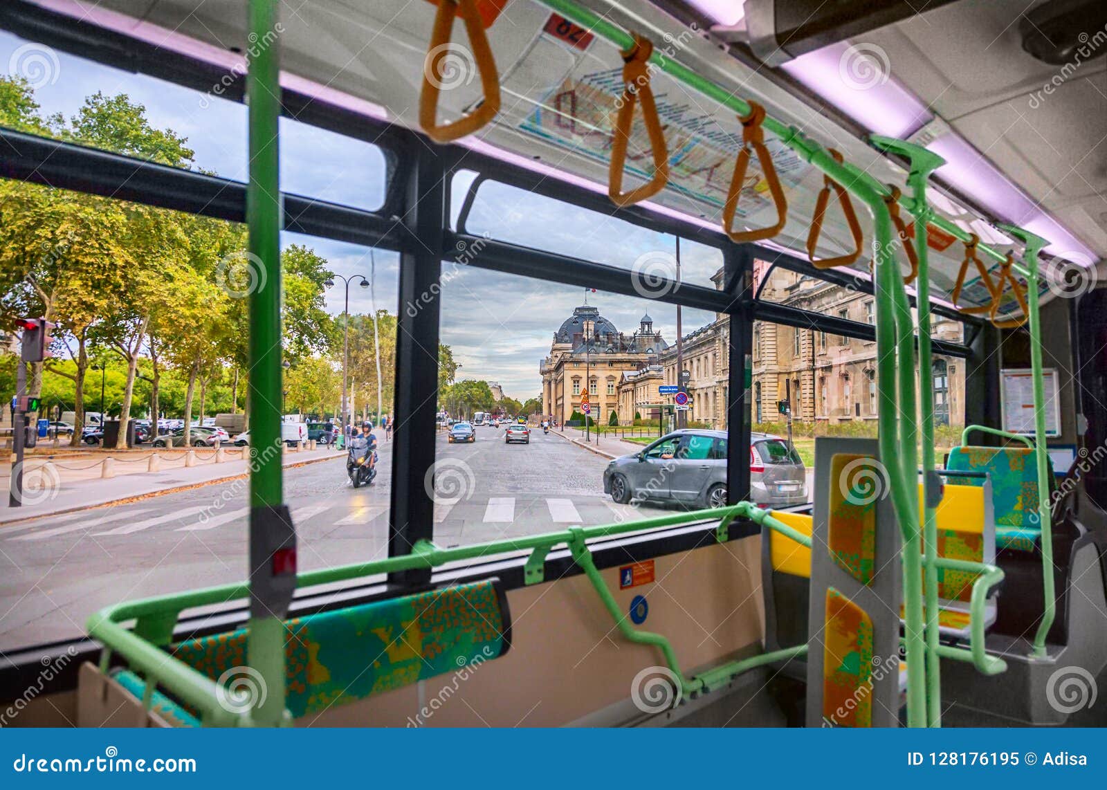 Interior of city bus stock image. Image of chairs, blur - 128176195