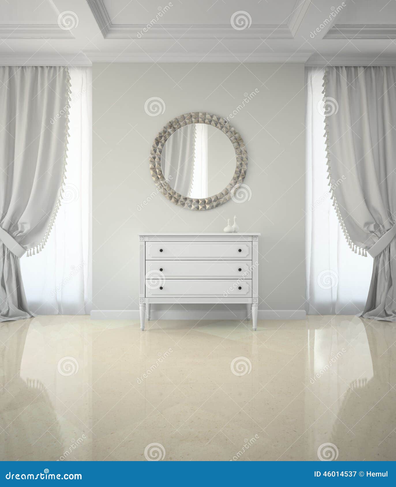 Interior of Classic Room with Round Mirror and Cabinet 3D Render Stock ...
