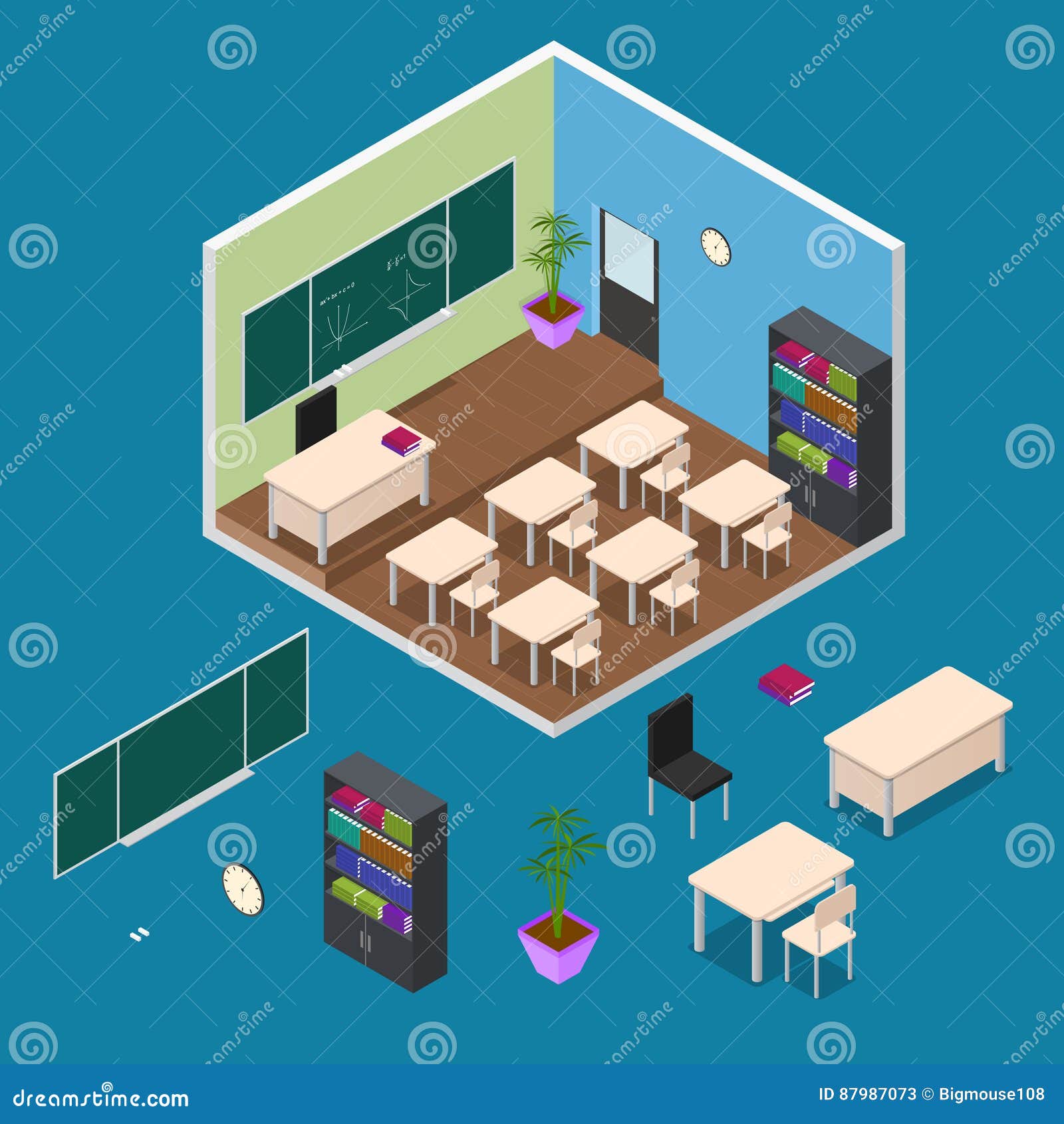 Interior Classroom with Furniture Element Isometric View. Vector Stock ...