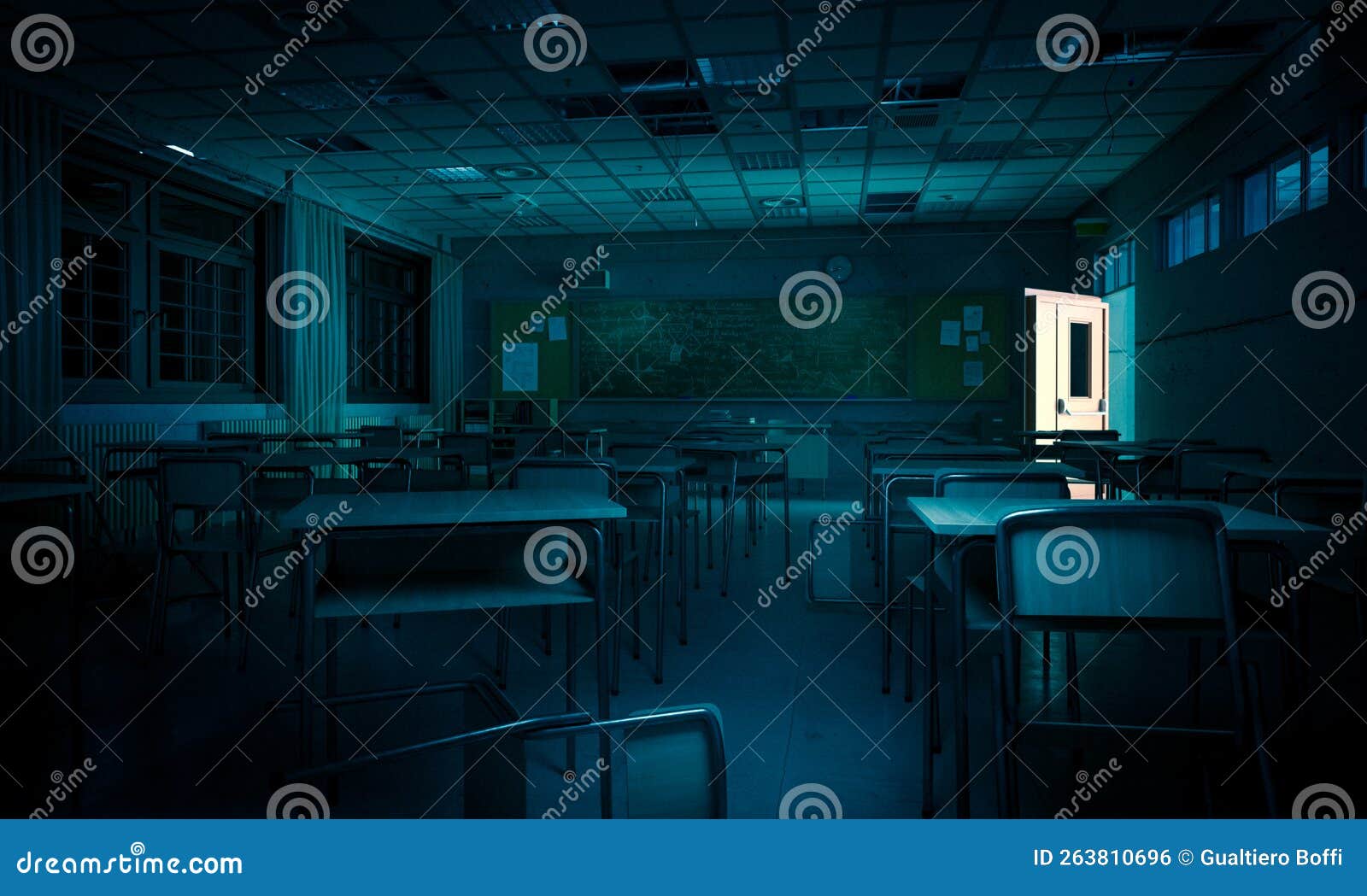 Interior of a Classroom at Night, Scary Atmosphere Stock Illustration ...
