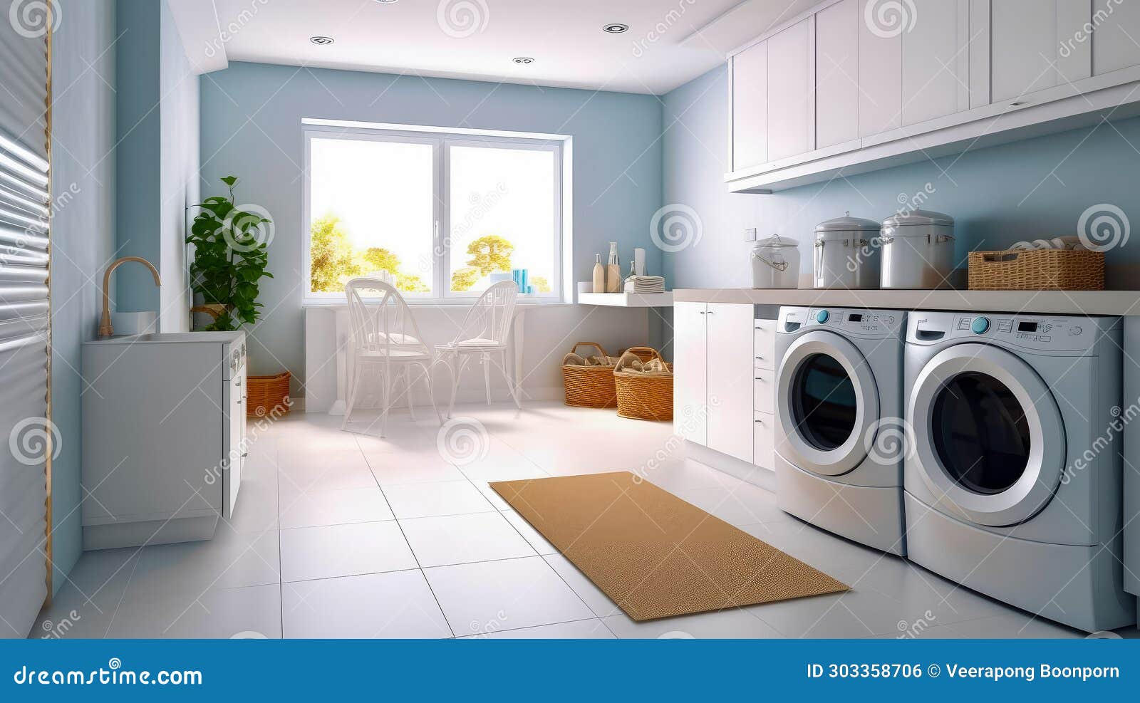 Interior Clean White Laundry Room with Front Load Washer and Dryer ...