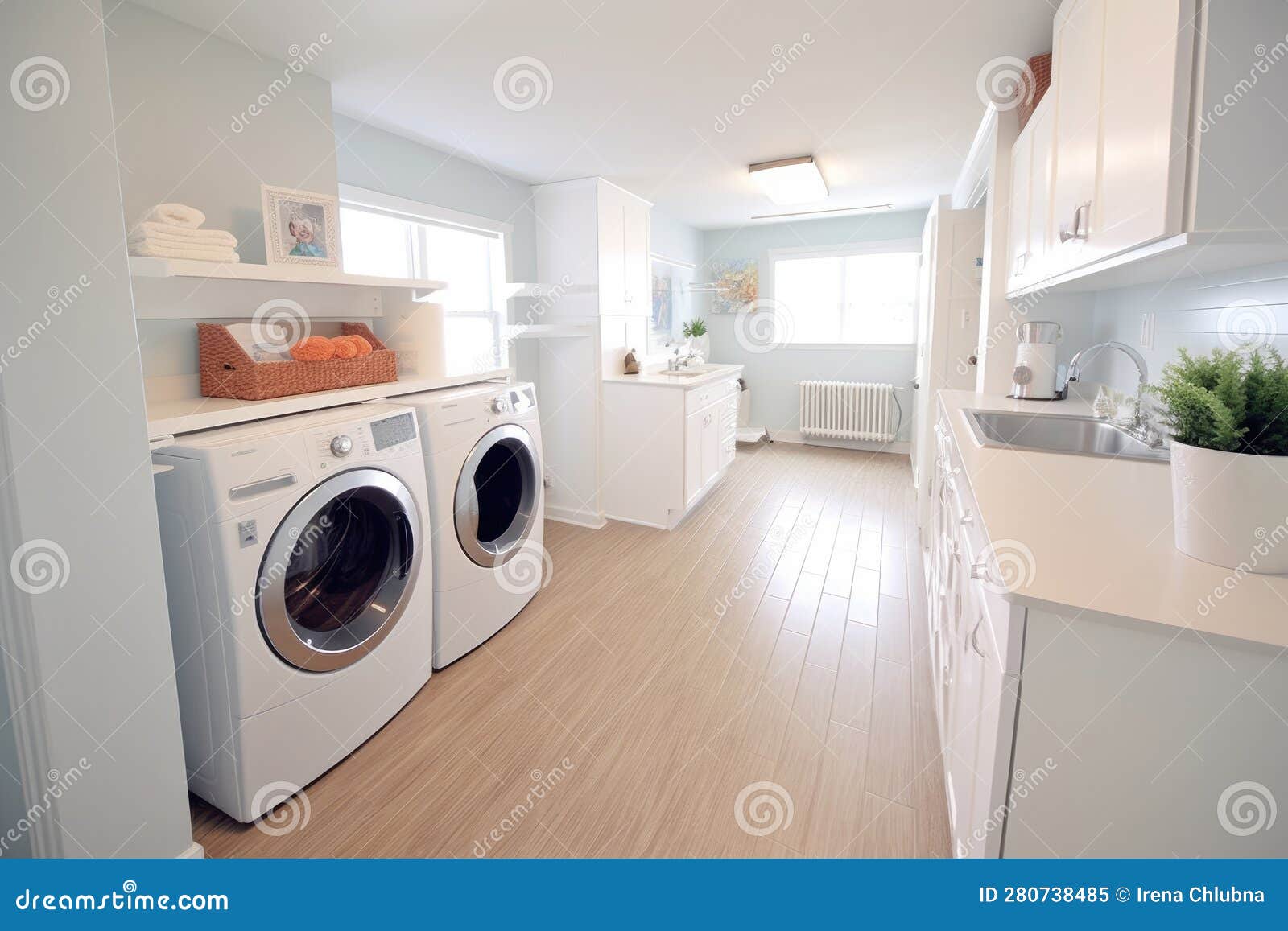 Interior Clean White Laundry Room with Front Load Washer and Dryer ...