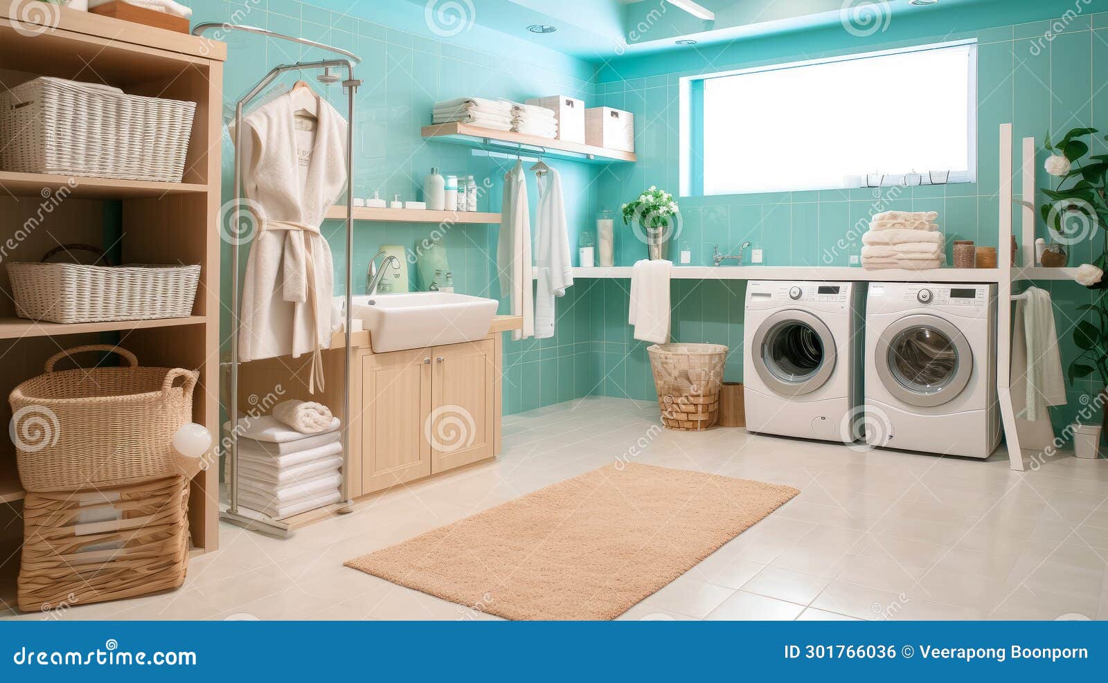 Interior Clean White Laundry Room with Front Load Washer and Dryer ...
