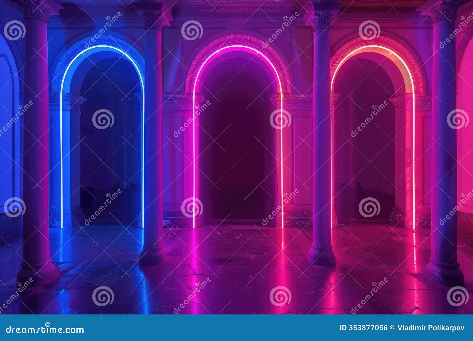 Interior with Columns and Colorful Neon Lights. Ideal for Architectural ...