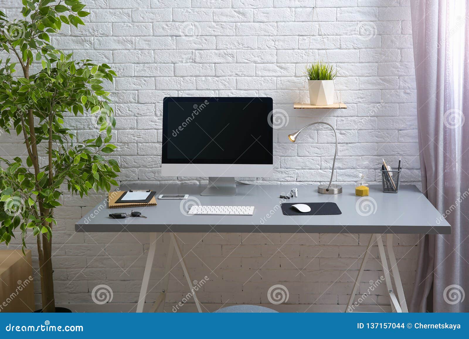 Interior of Comfortable Work Place with Computer on Table Stock Photo ...