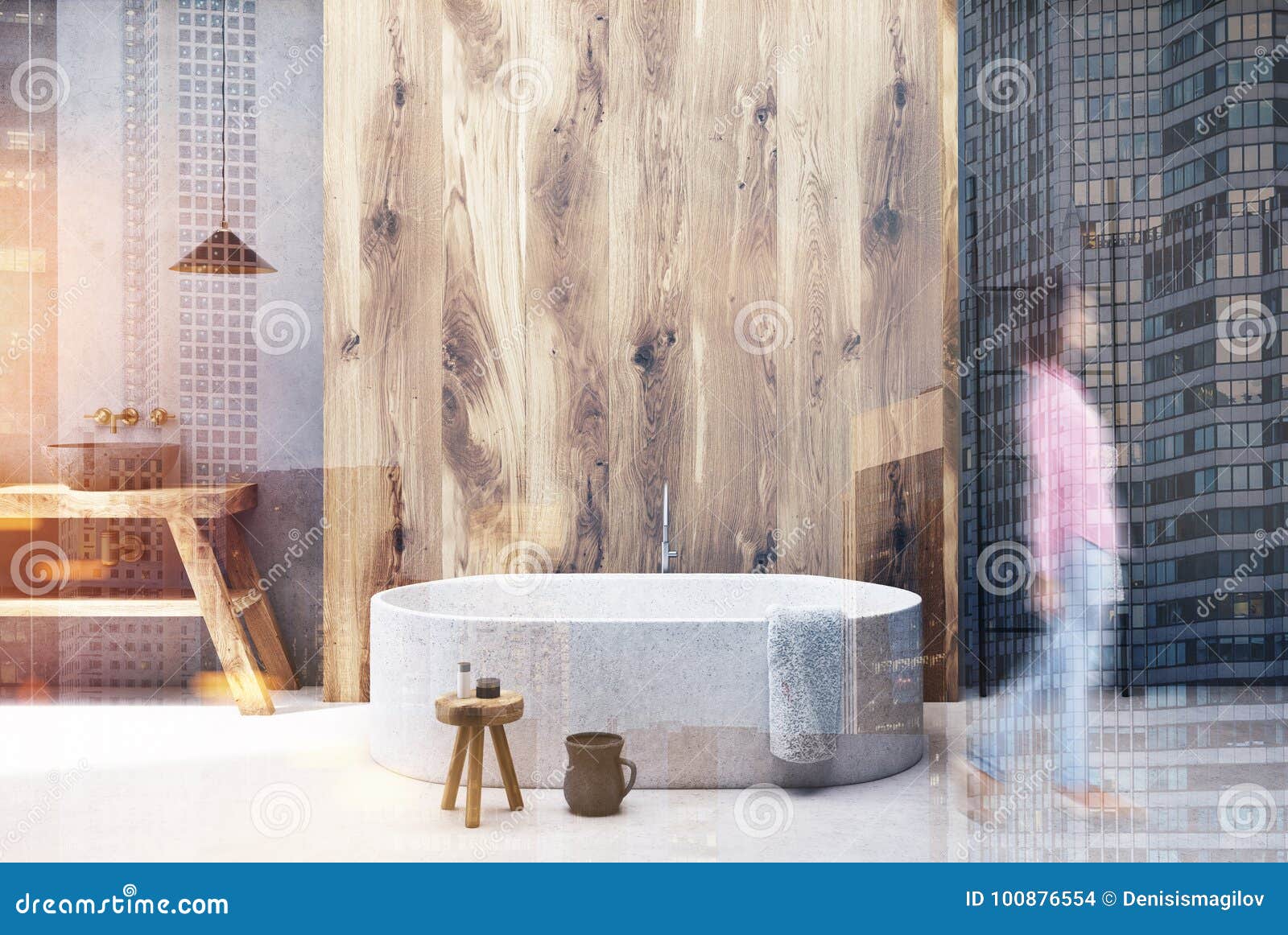 Interior Concreto Del Cuarto De Baño, Tina Entonada Foto de archivo ...