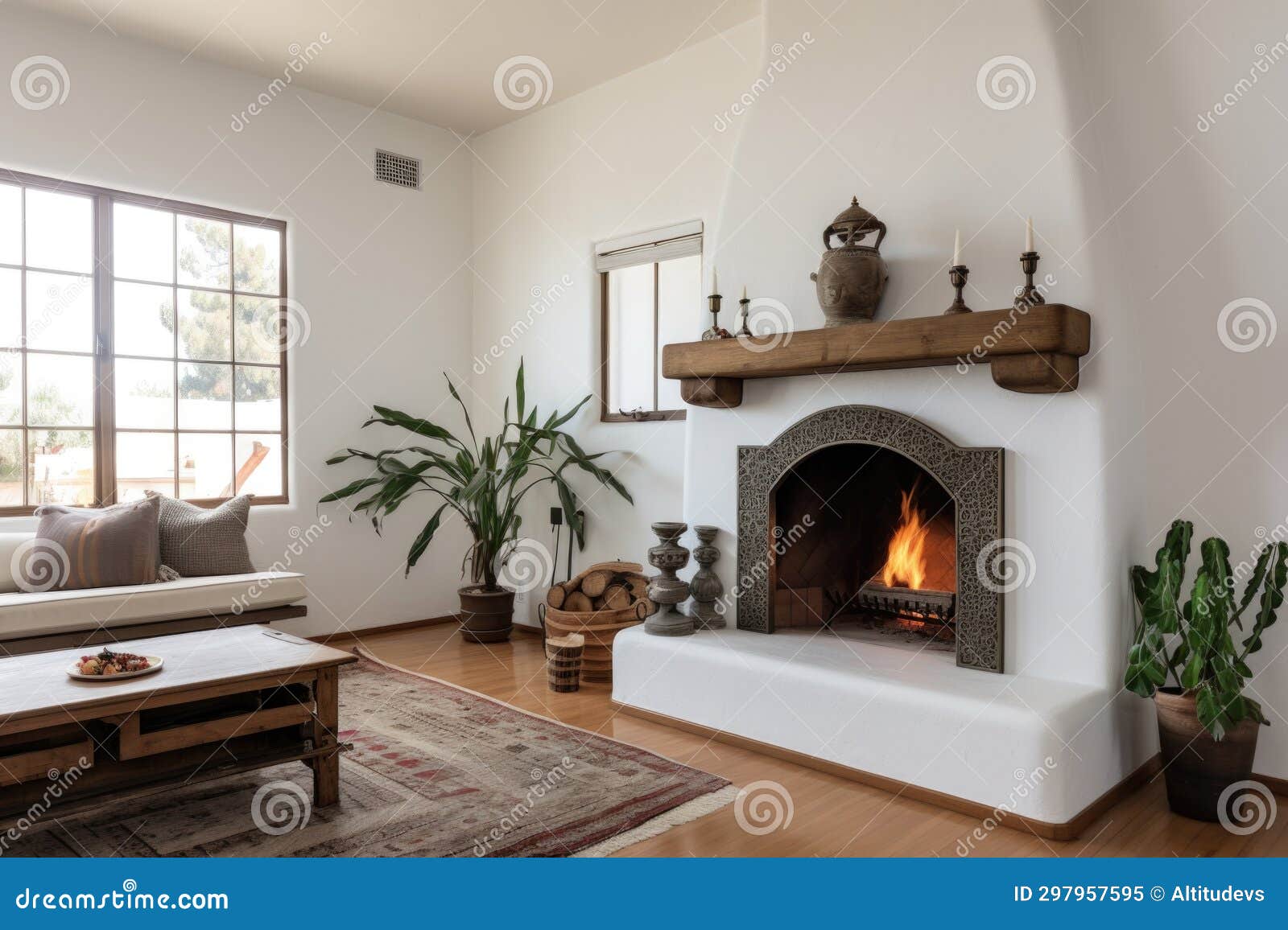 Interior Corner of a Whitewashed Spanish Revival Home with a Fireplace ...