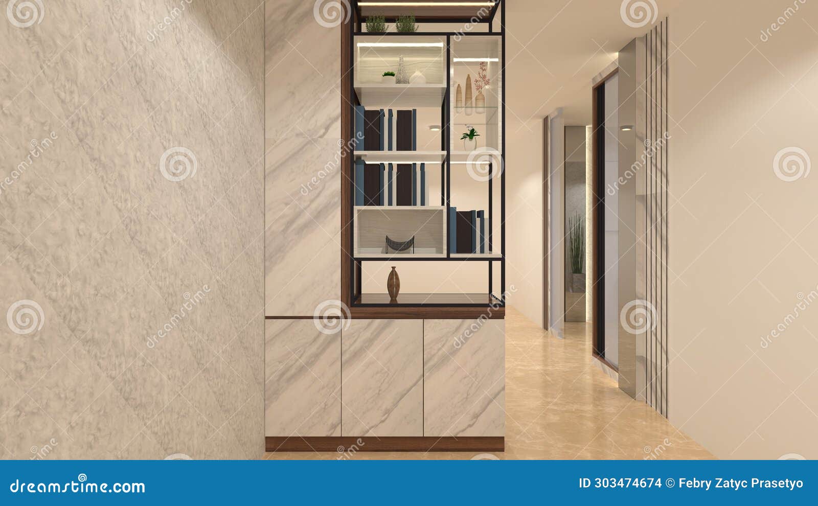 Interior Corridor Design with Modern Divider Cabinet Stock Illustration ...