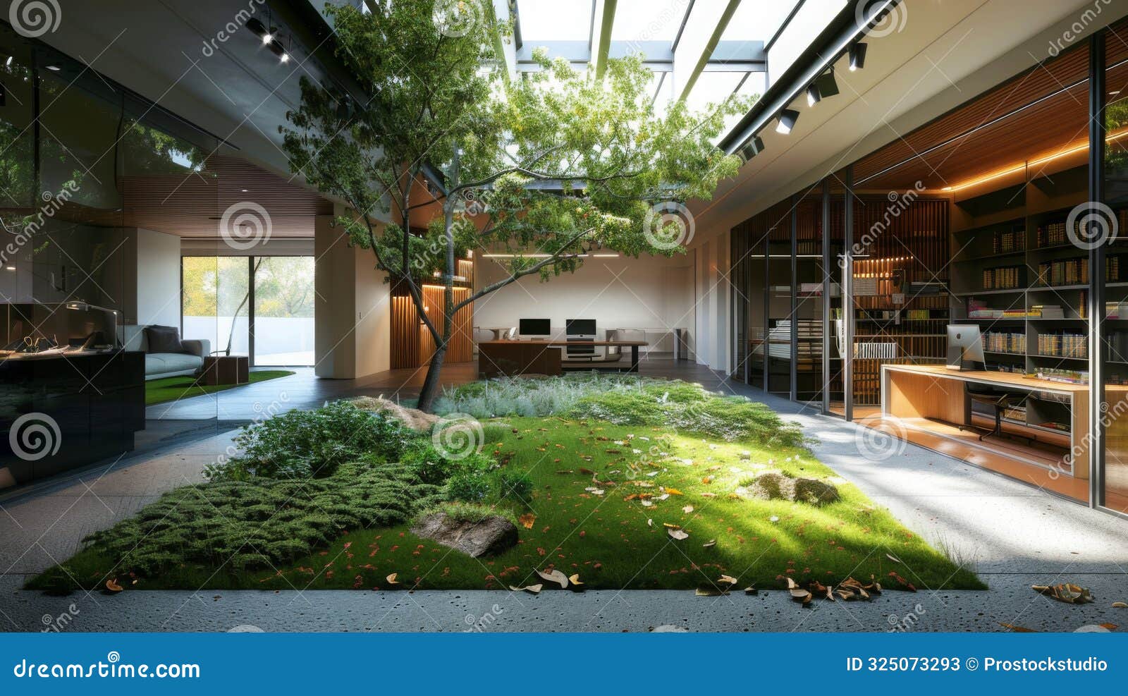 Interior Courtyard with Tree and Green Grass Stock Image - Image of ...