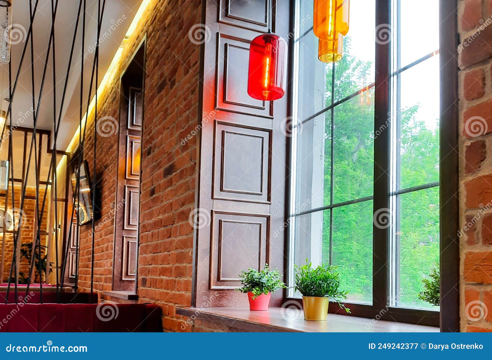 Interior of a Cozy Cafe with Large Windows and Brick Walls. Stock Image ...