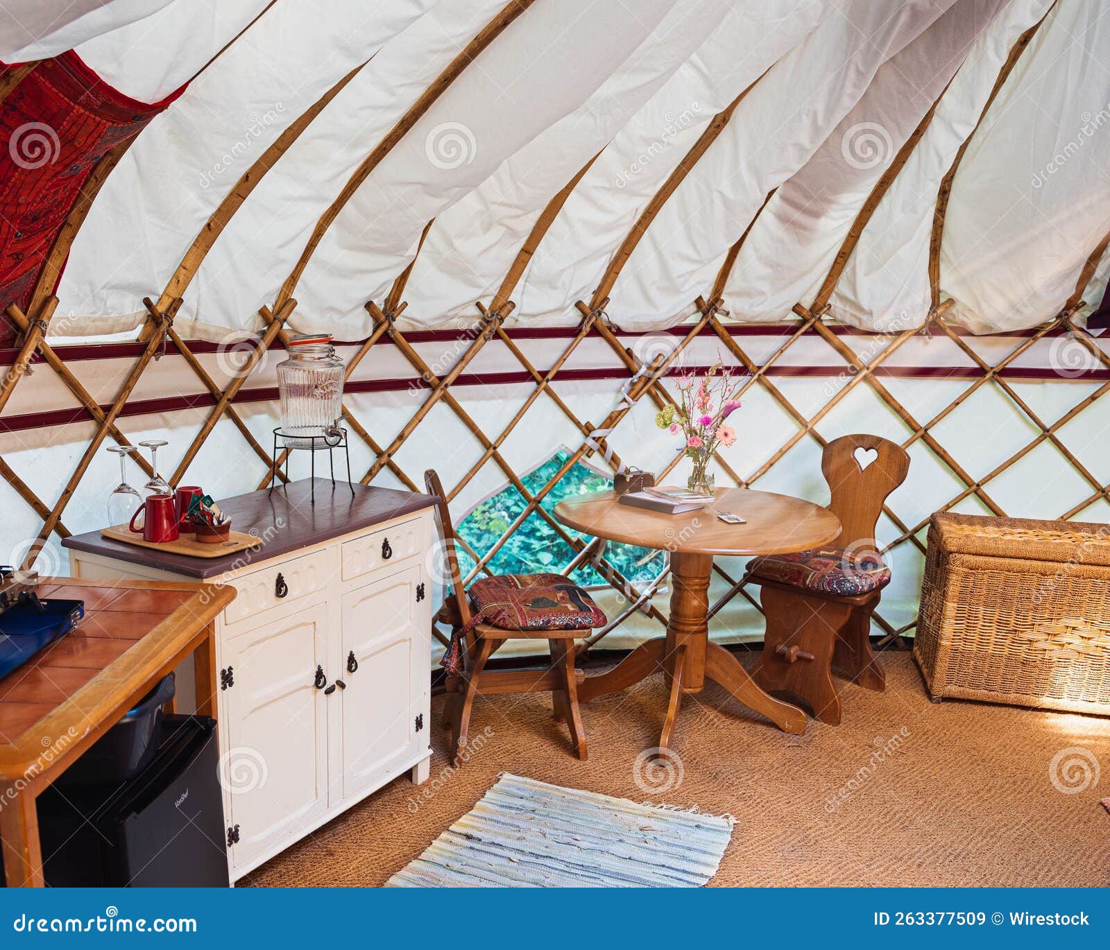 Interior of a Cozy Empty Glamping Tent with Wooden Objects Stock Image ...