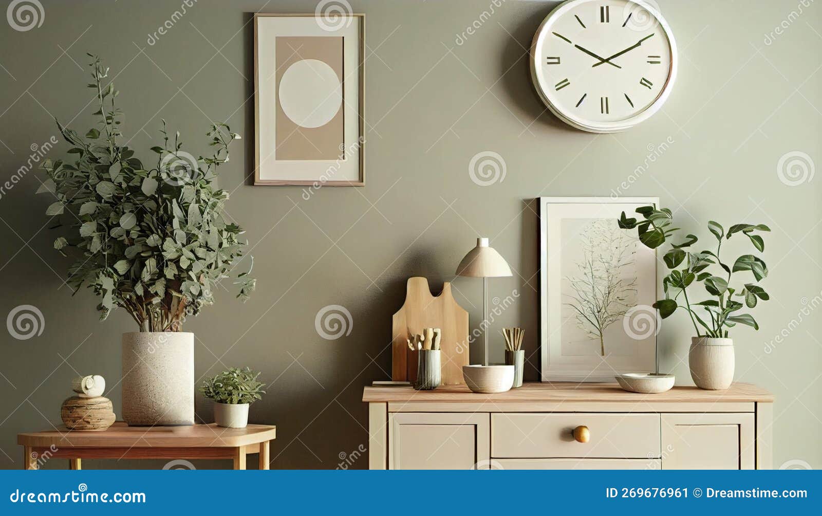 Interior of a Cozy Minimalistic Room, Round Table, Wardrobe, Soft Sun ...