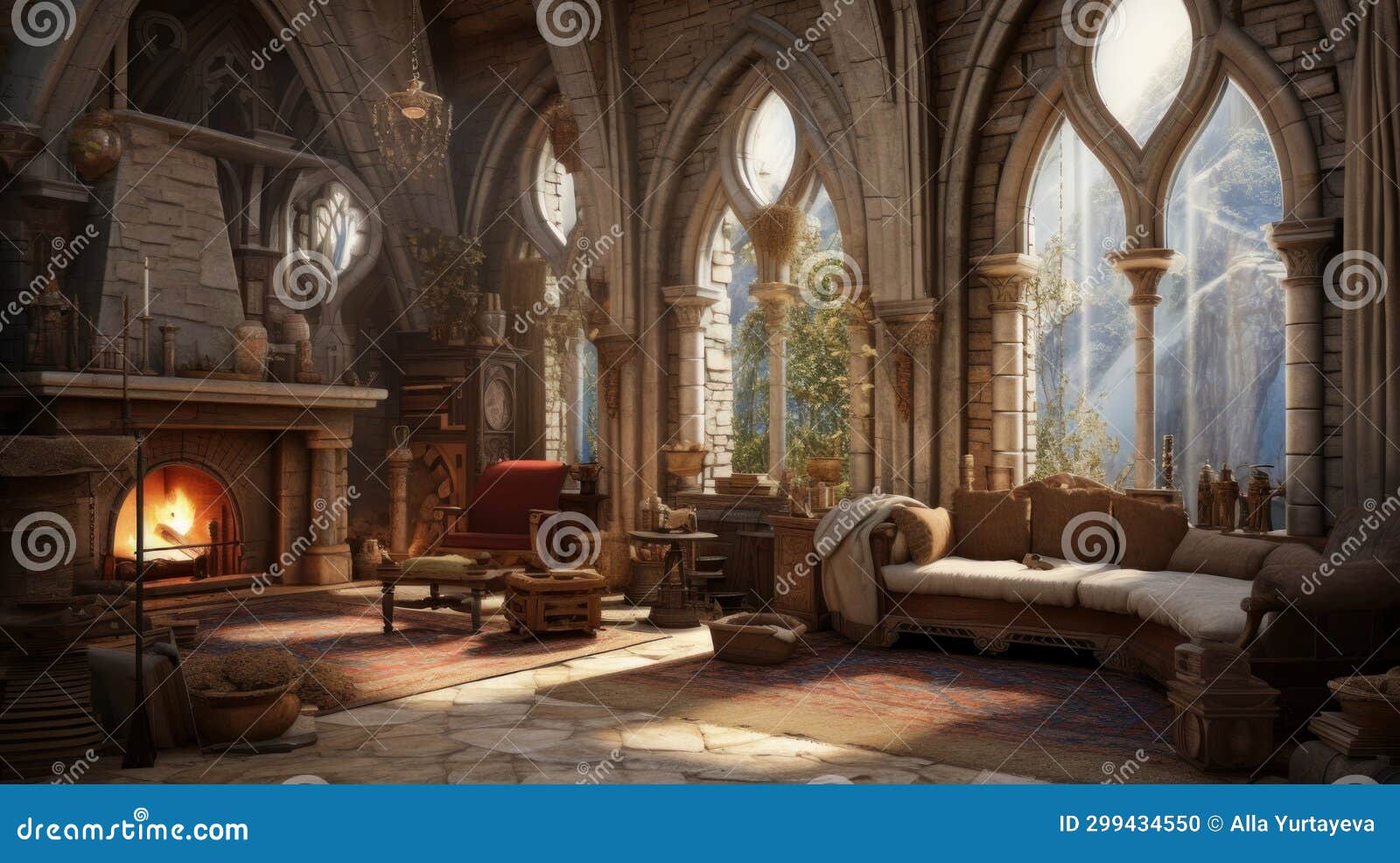 Interior of a Cozy Room in Romanesque Style Stock Illustration ...