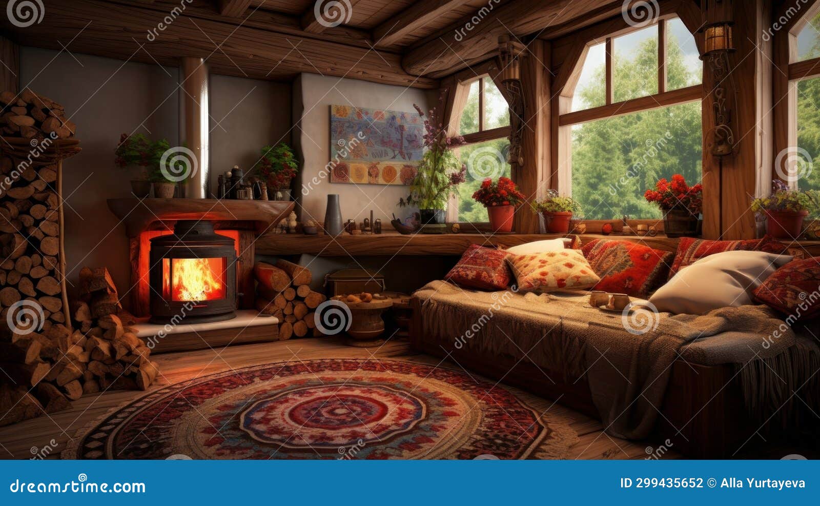Interior of a Cozy Room in the Style of Russian Huts Stock Photo ...