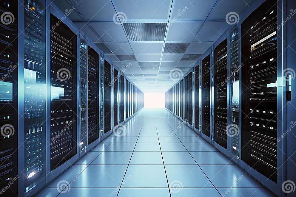 Interior of Data Center Server Room at Night Illuminated by Blue Lights ...