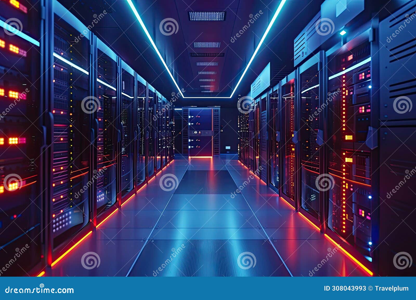 Interior of a Data Center Server Room at Night, Illuminated with Orange ...