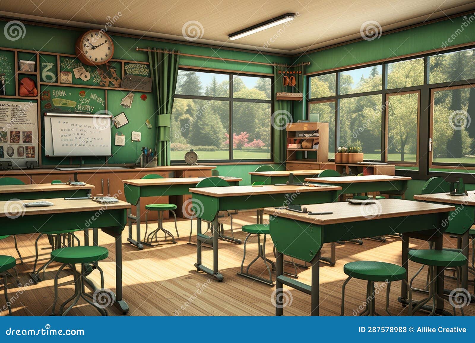 Interior De Aula Escolar Con Sillas Verdes Y Mesas Stock de ilustración ...