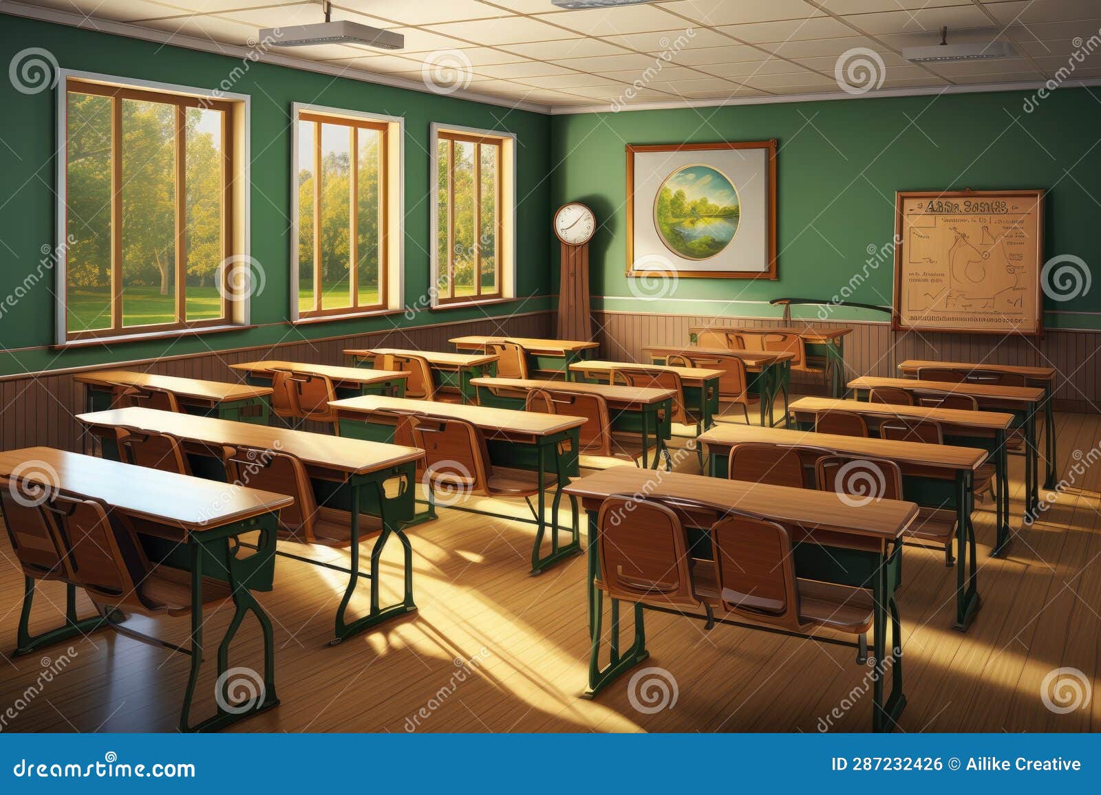 Interior De Un Aula Escolar Con Escritorios Y Sillas Stock de ...