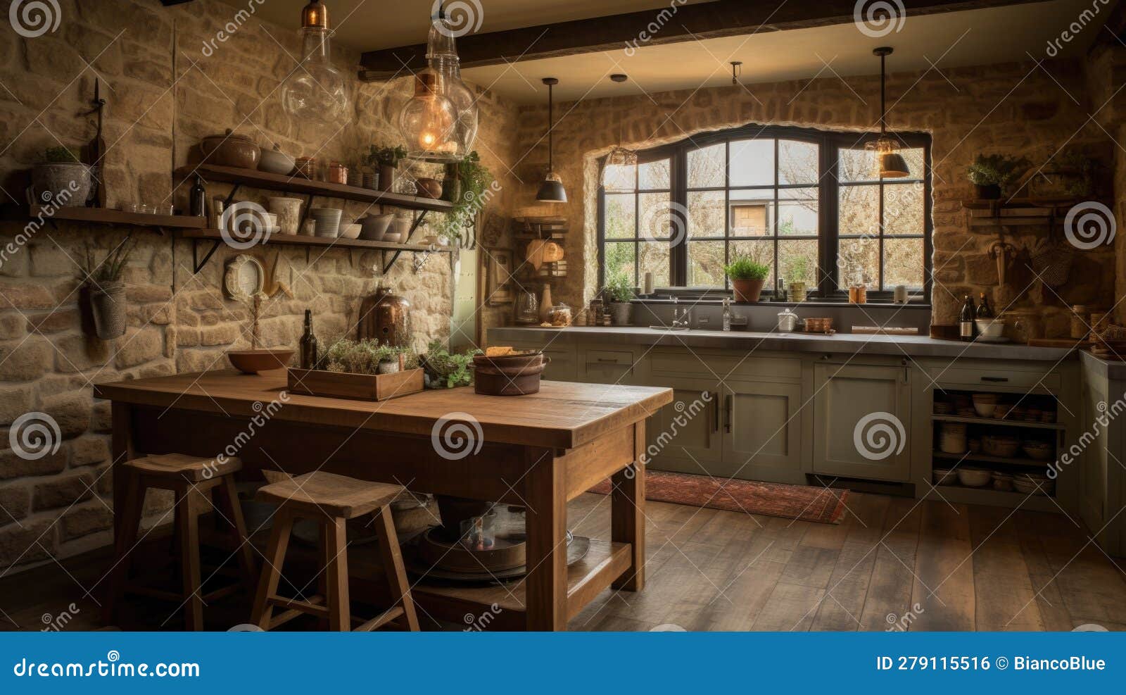 Interior Deisgn of Kitchen in Rustic Style with Kitchen Island Stock ...
