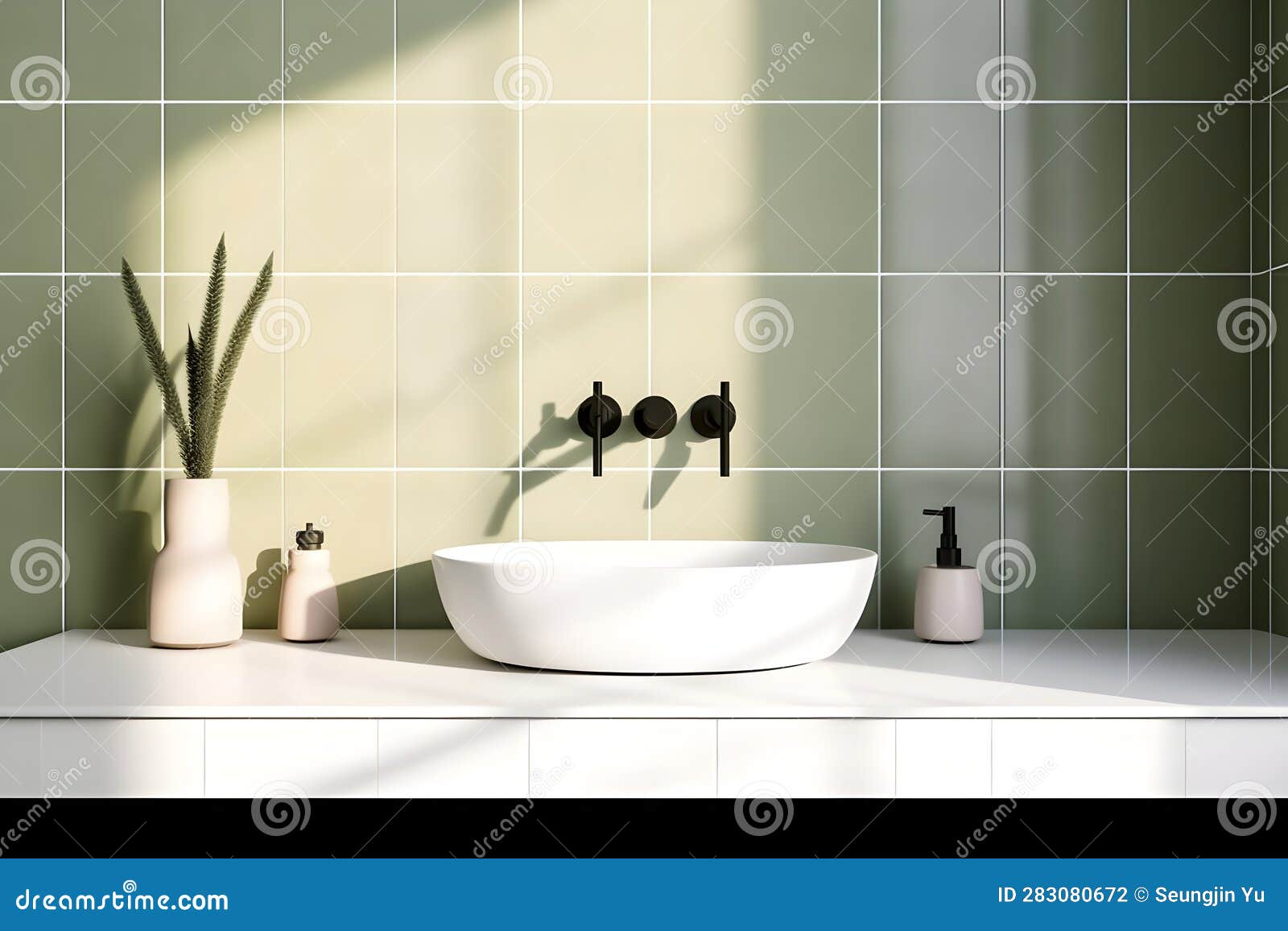 Interior Design of Bathroom, Empty White Vanity Counter with Ceramic ...