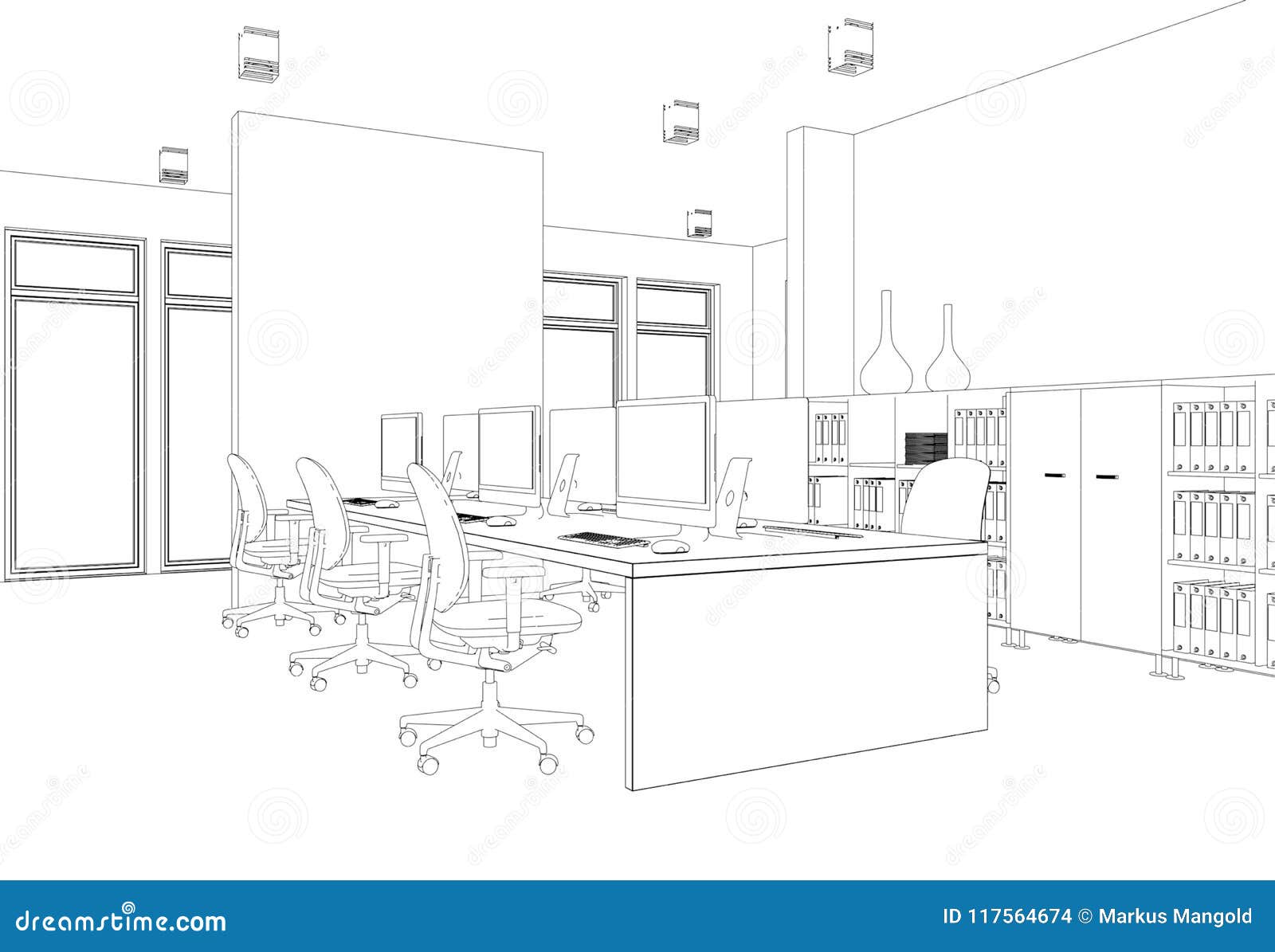 Interior Design Big Office Room with Desks Custom Drawing Stock ...