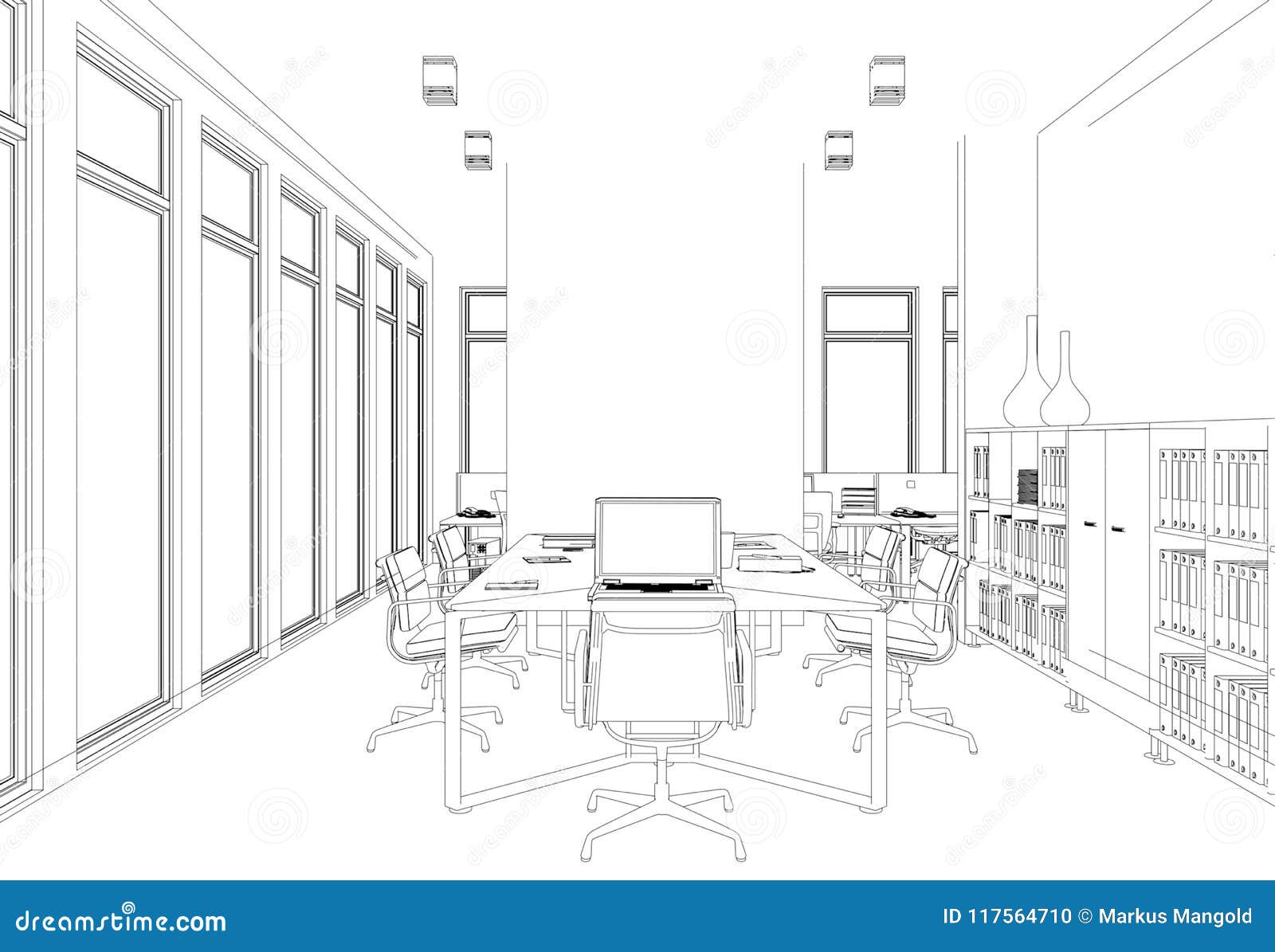 Interior Design Big Office Room with Desks Custom Drawing Stock ...