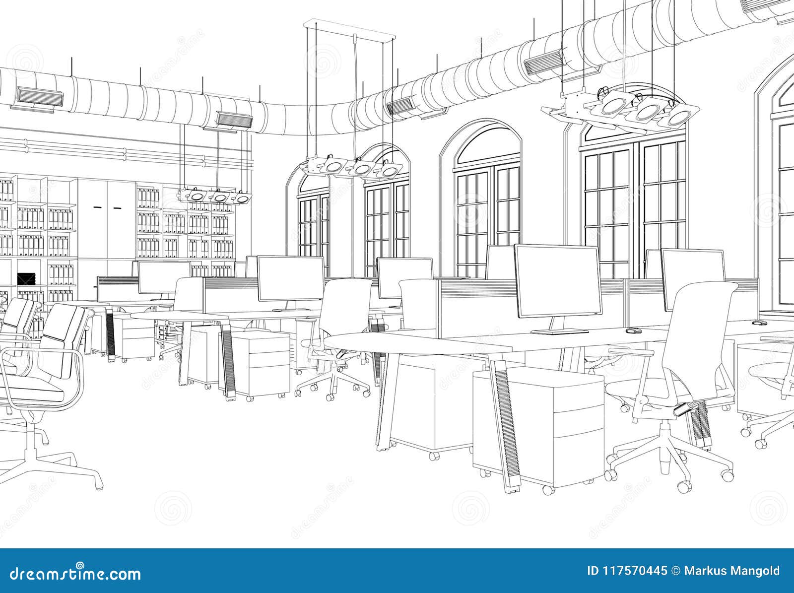 Interior Design Big Office Room with Desks Custom Drawing Stock ...