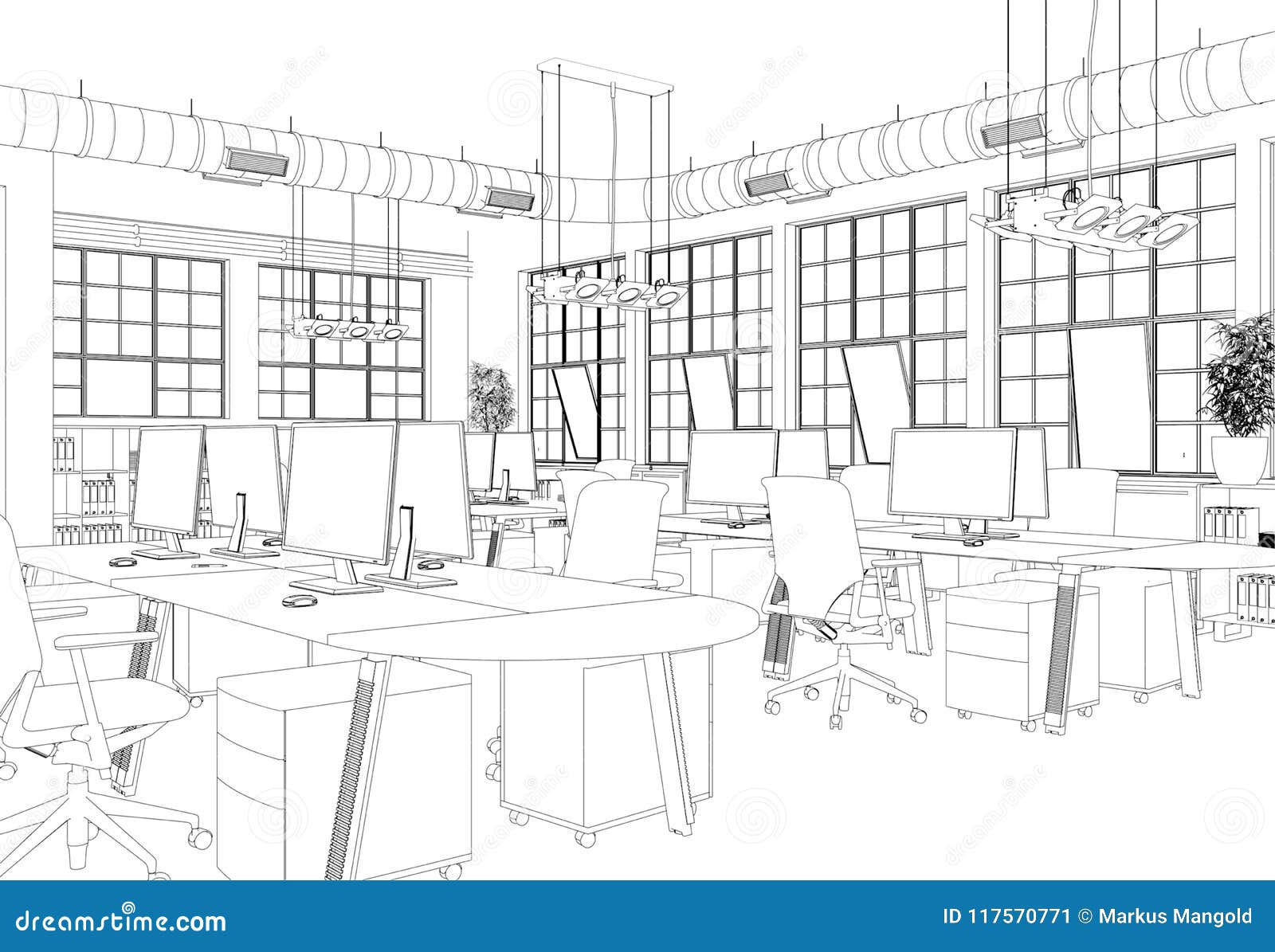 Interior Design Big Office Room with Desks Custom Drawing Stock ...