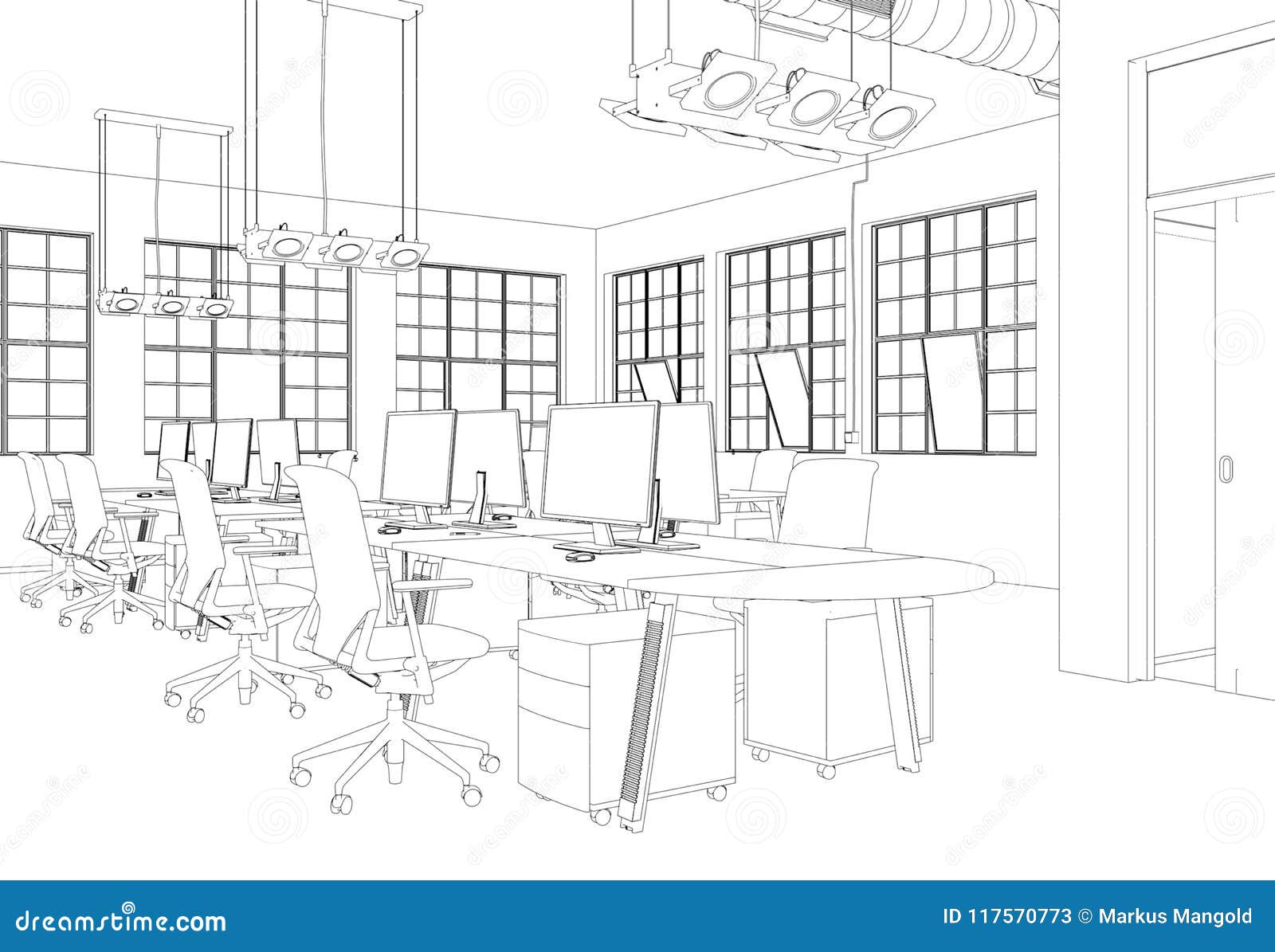 Interior Design Big Office Room with Desks Custom Drawing Stock ...