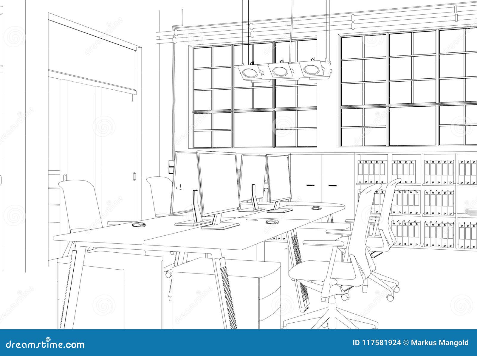 Interior Design Big Office Room with Desks Custom Drawing Stock ...