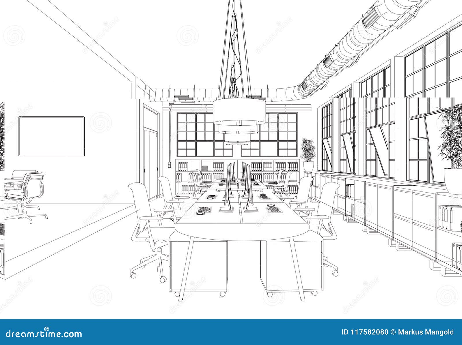 Interior Design Big Office Room with Desks Custom Drawing Stock ...