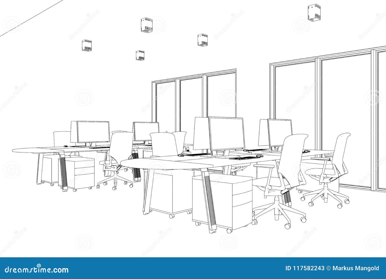 Interior Design Big Office Room with Desks Custom Drawing Stock ...