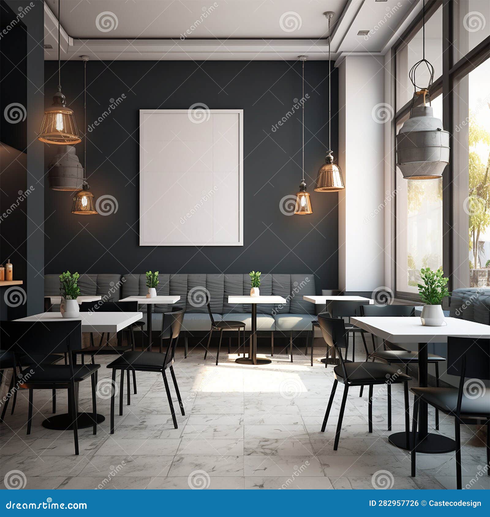 Interior Design of a Cafe with Large Windows, Modern Style, Gray Color ...