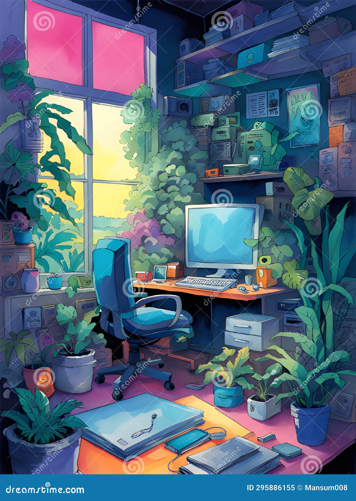 Interior Design with Computer and Plants, Illustration Stock ...