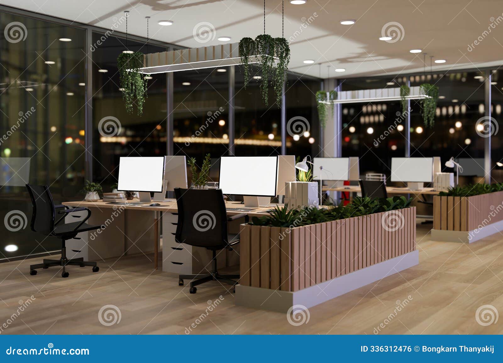 The Interior Design of a Contemporary Office in a Skyscraper at Night ...