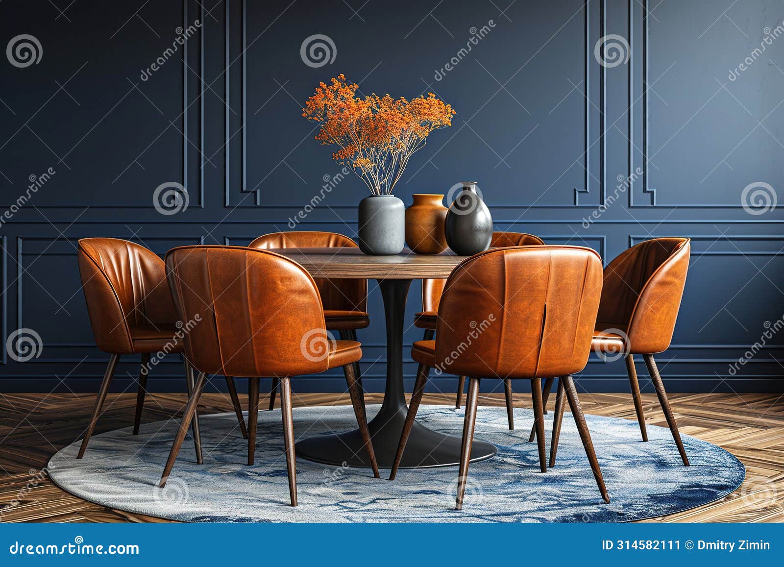 Interior Design of a Dining Room with Round Table, Leather Chairs and ...
