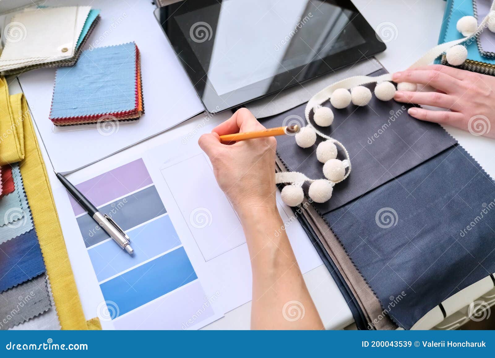 Interior Design, Fabric Samples Sketches Digital Tablet Designers Hands ...