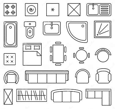 Vector Set of Outline Isolated Interior Design Floor Plan Objects Icons ...