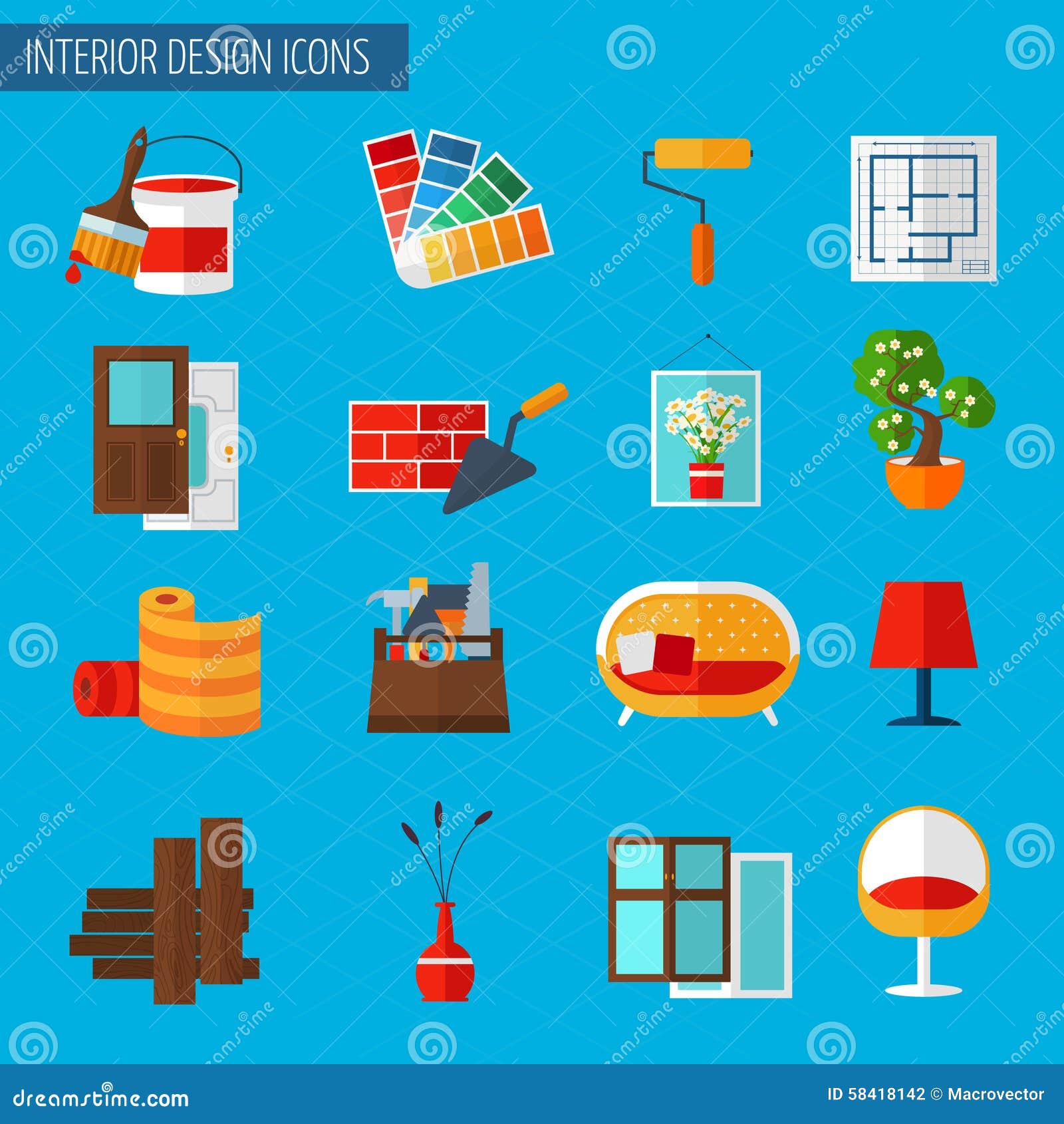 Interior Design Icons stock vector. Illustration of armchair - 58418142