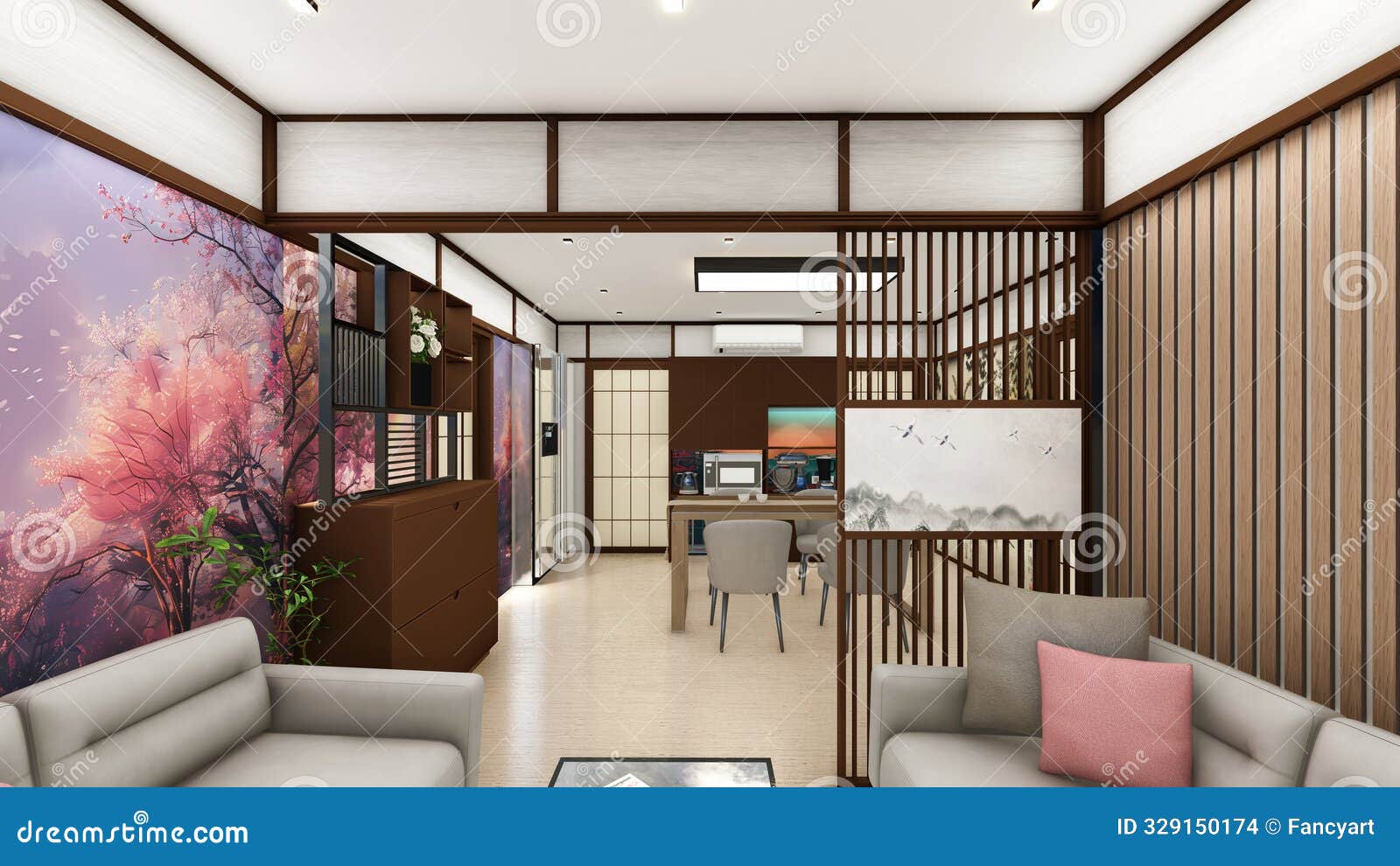 Interior Design of a Japanese Style Living Room with Woodwork and False ...