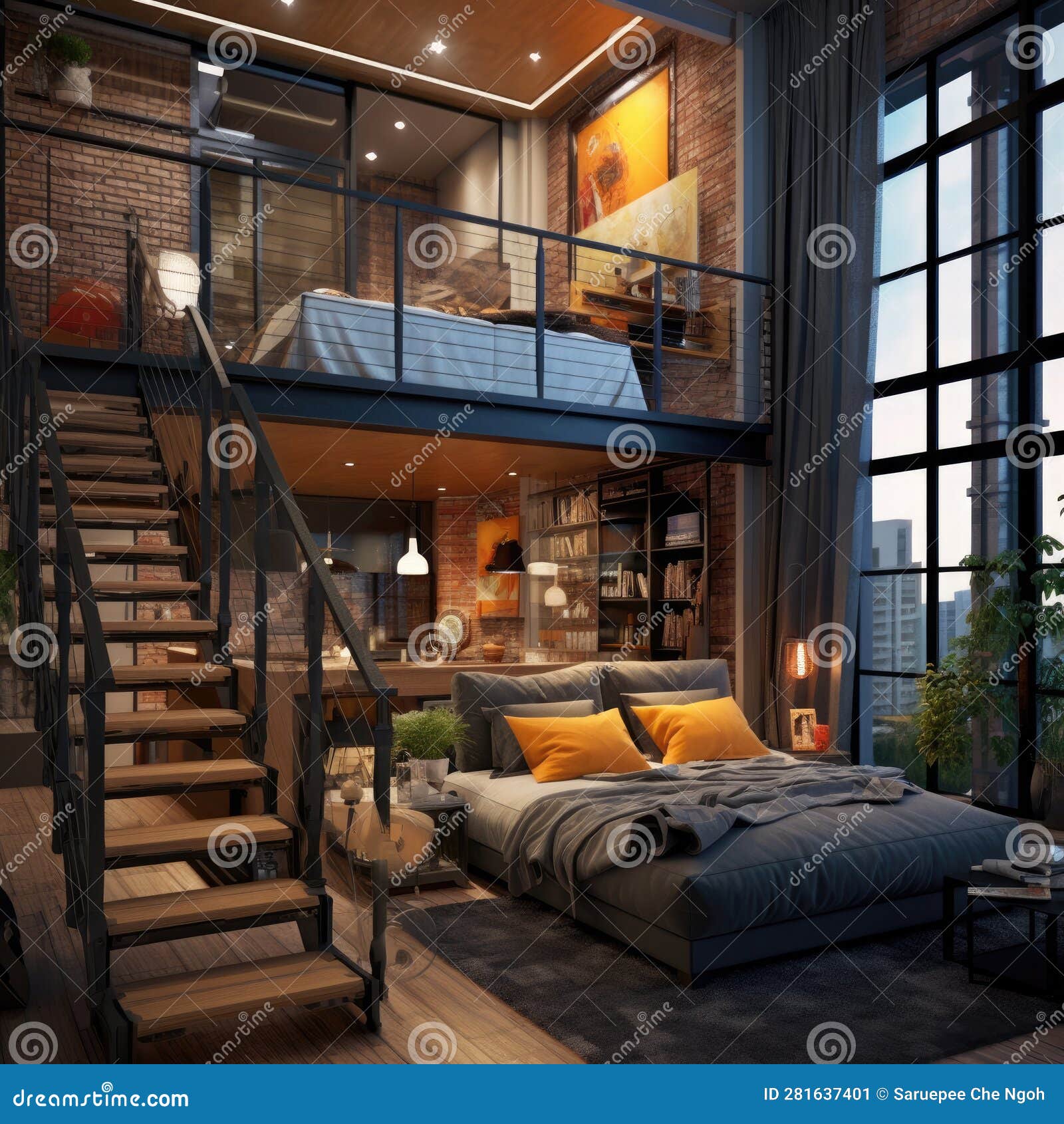 Interior Design of a Living Room, Loft Style, Two Storey Apartment. 3D ...