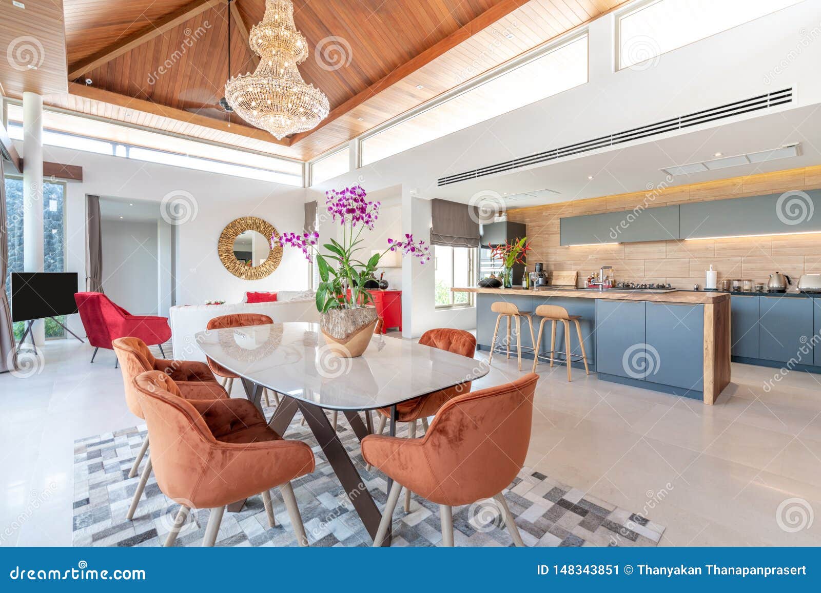 Interior Design in Living Room and Open Kitchen Area with Dining Table ...