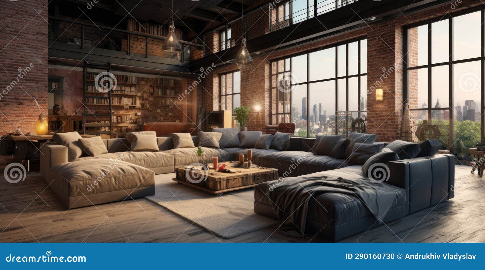 Interior Design of Loft Living Room, Panorama Stock Illustration ...