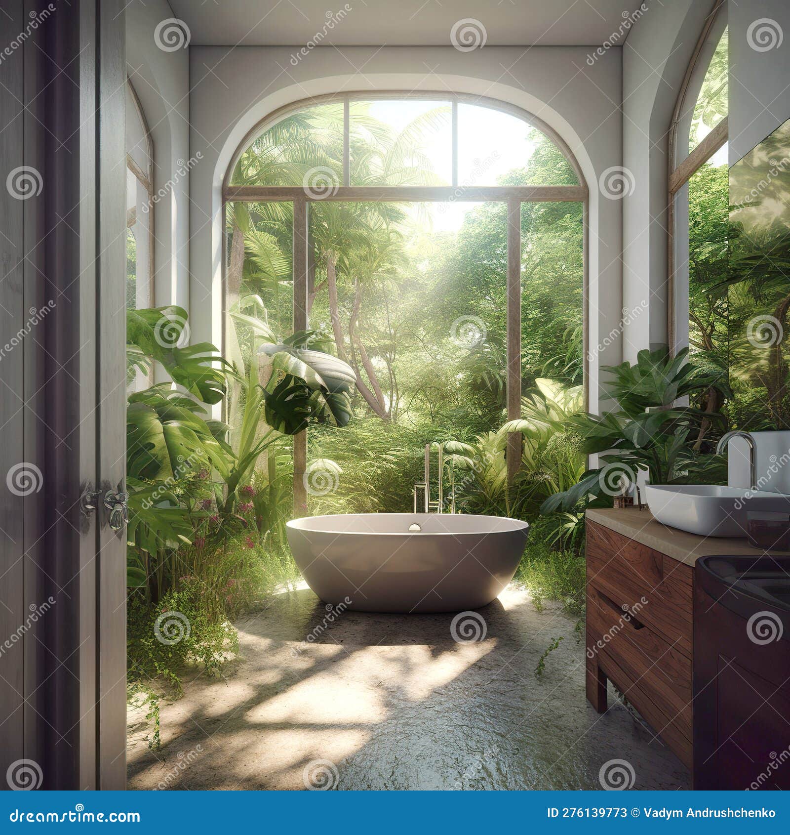 Interior Design of Modern Bathroom in House in Tropical Forest. Created ...