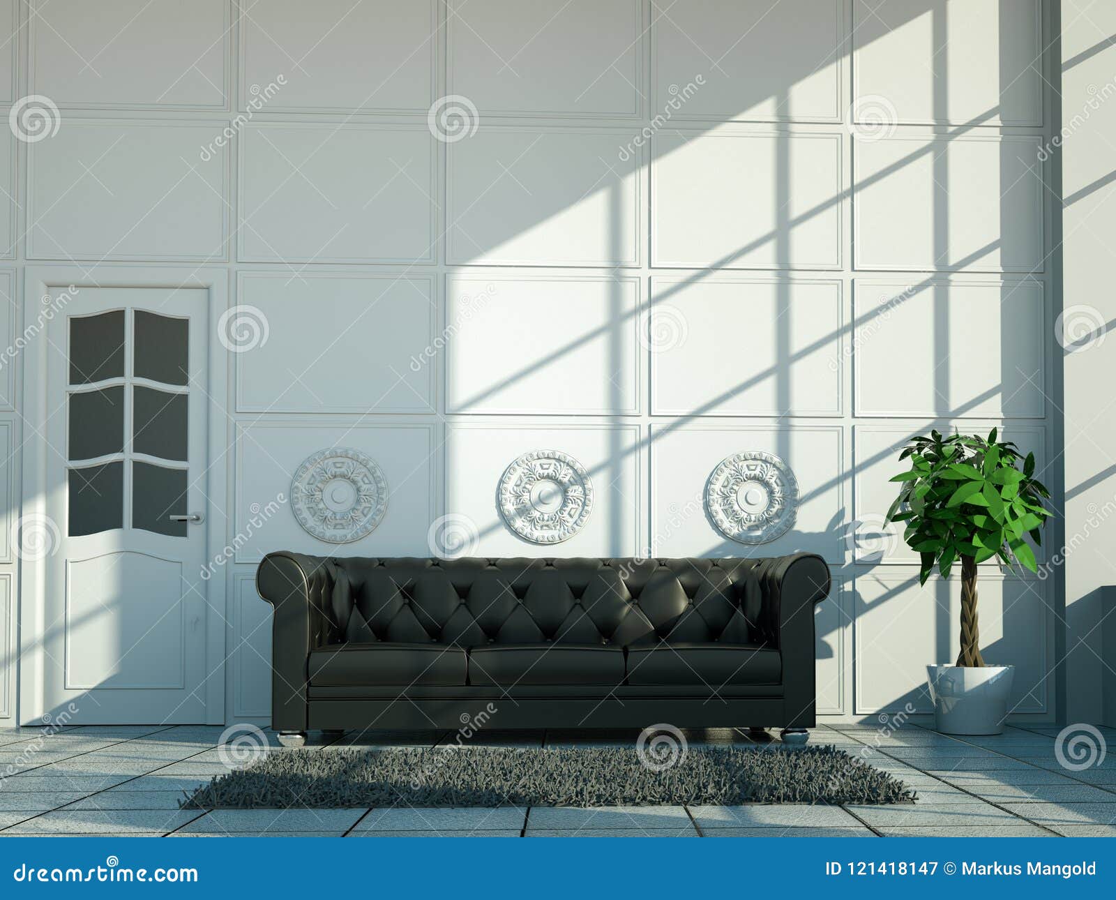 Interior Design Modern Bright Room with Black Sofa Stock Illustration ...