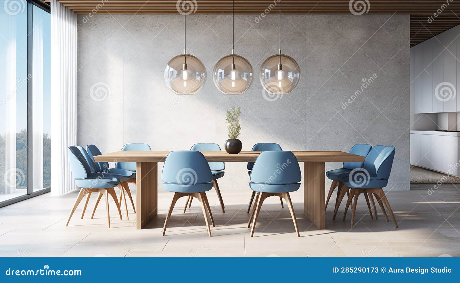 Interior Design of Modern Dining Room Wooden Table and Light Blue ...