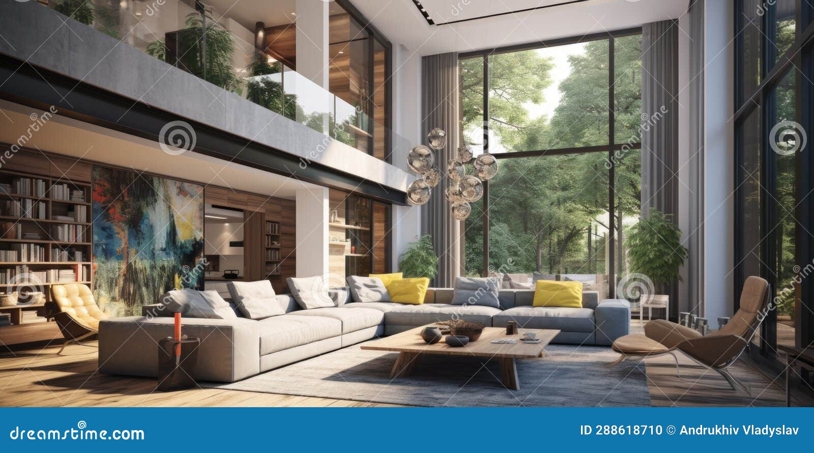 Interior Design of Modern Double-height Living Room Stock Photo - Image ...