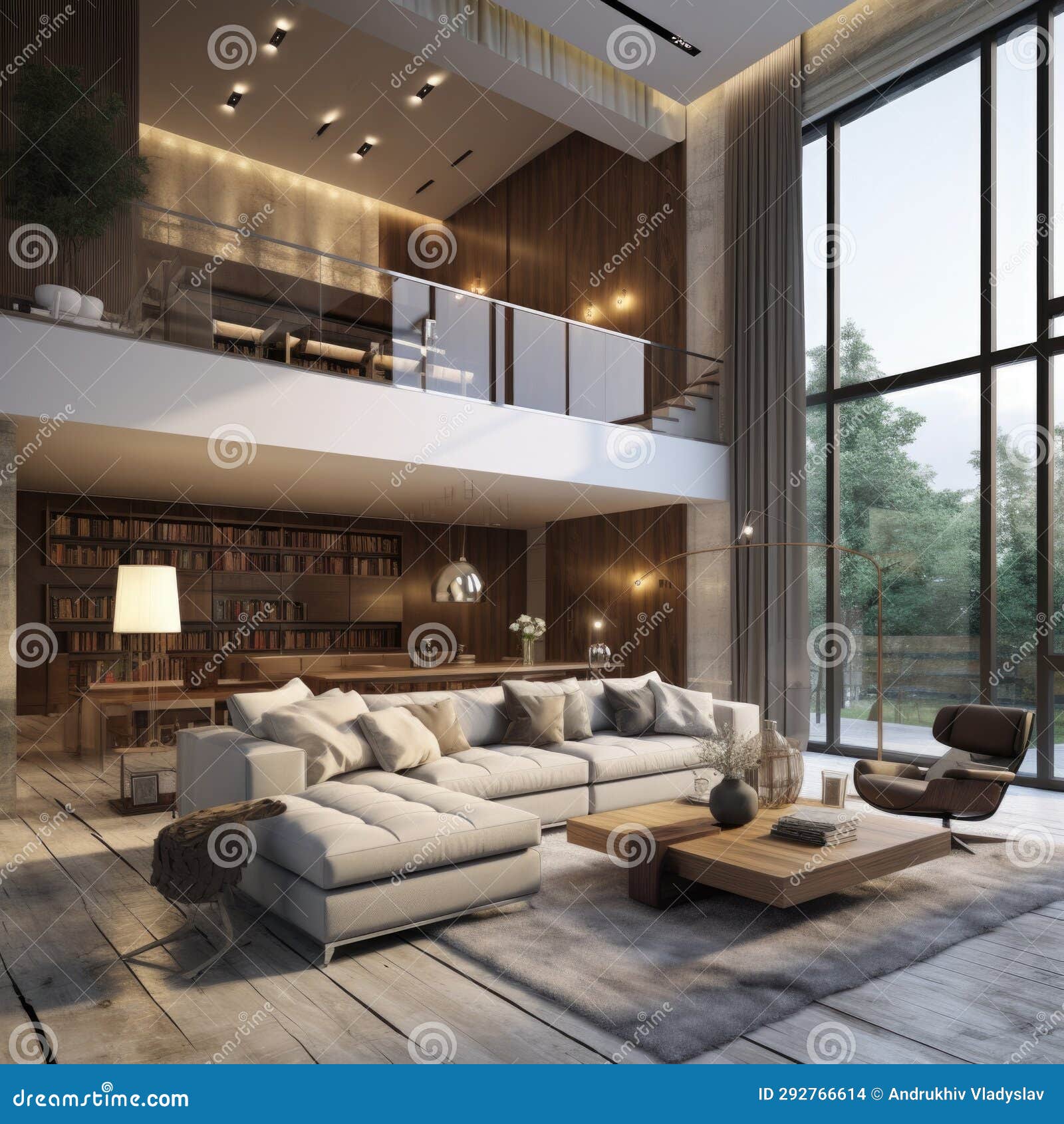 Interior Design of Modern Double-height Living Room Stock Illustration ...