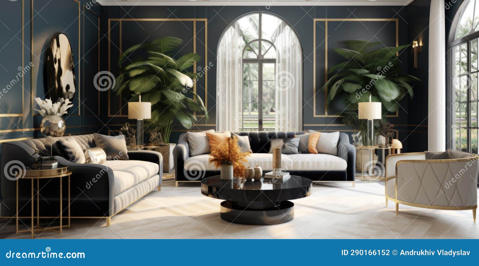 Interior Design of Modern Hollywood Regency Living Room with Golden ...