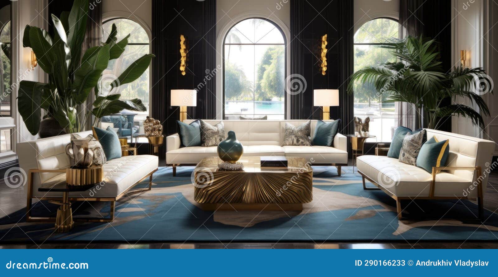 Interior Design of Modern Hollywood Regency Living Room with Golden ...